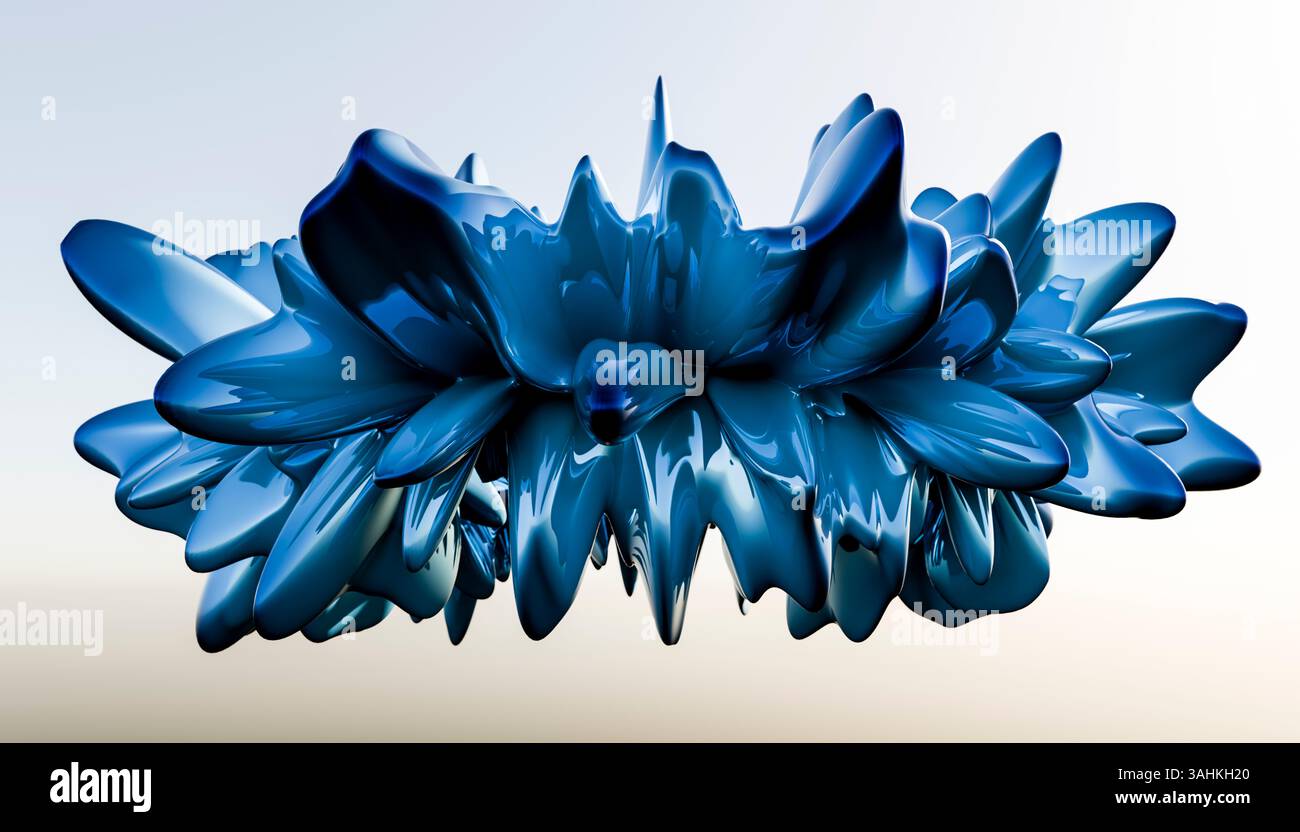 Abstract blue 3D sculpture with smooth, glossy petals and dynamic ...