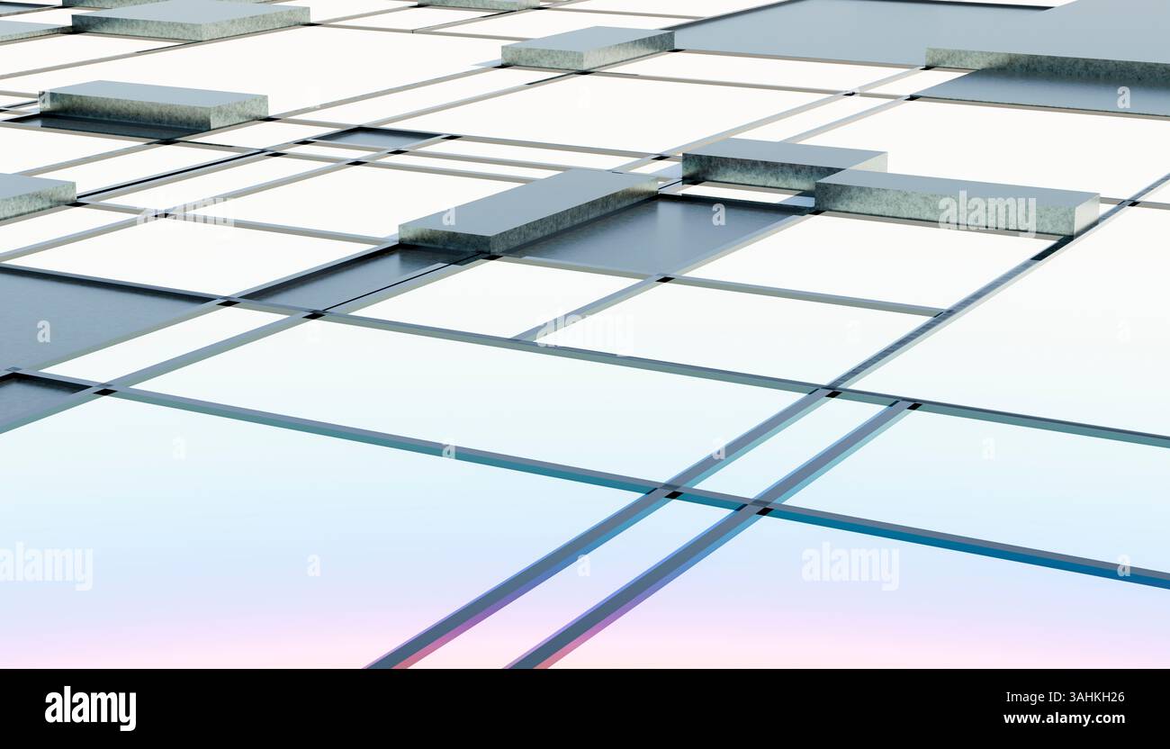 Geometric abstract pattern with floating gray blocks on a grid of ...