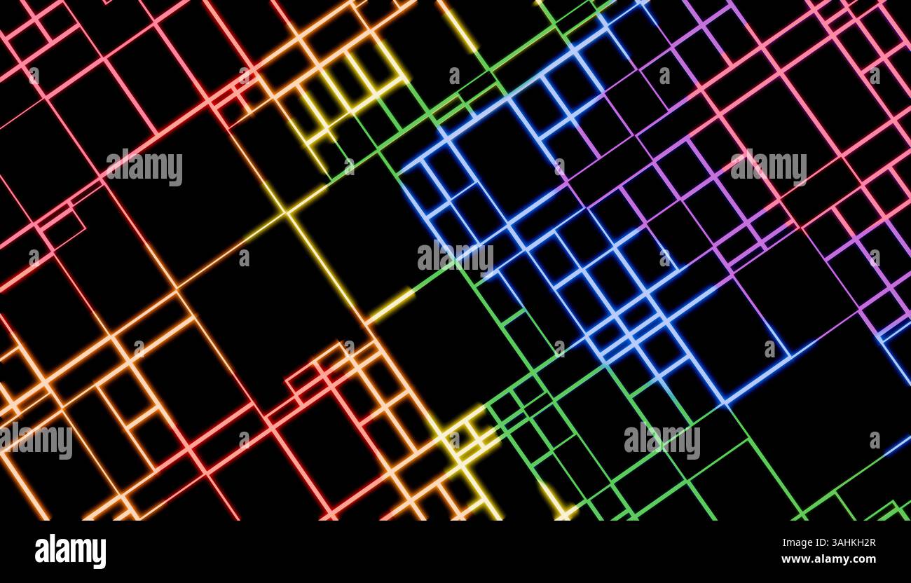 Multicolored neon grid pattern on a black background with intersecting ...