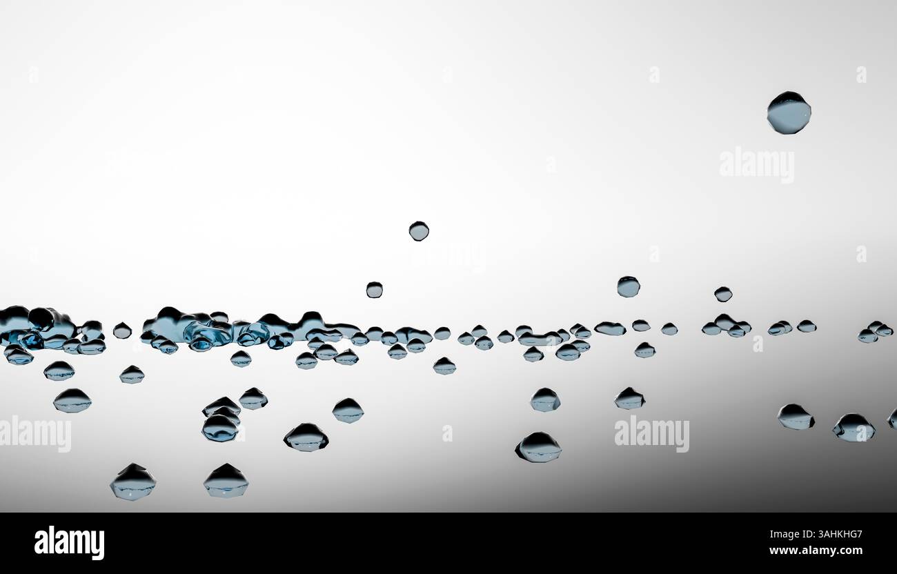 Floating water droplets on a reflective surface against a gray ...