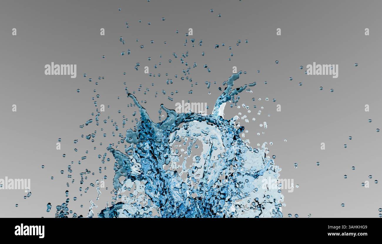 Dynamic splash of blue water drops against a gray background, frozen in ...