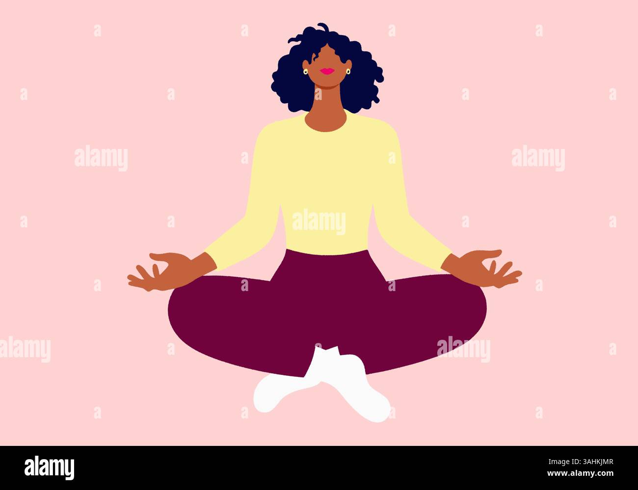 Illustration of a woman meditating in a cross-legged pose on a pastel ...