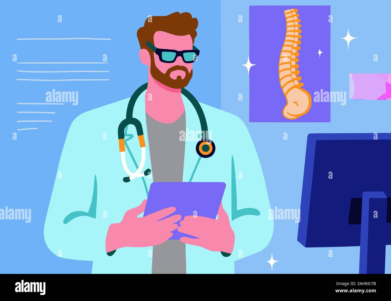 Illustration of a doctor with tablet pc studying spine anatomy on ...