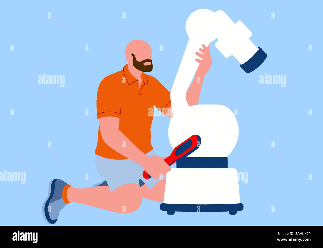 Illustration of an engineer kneeling beside robotic arm, adjusting with ...