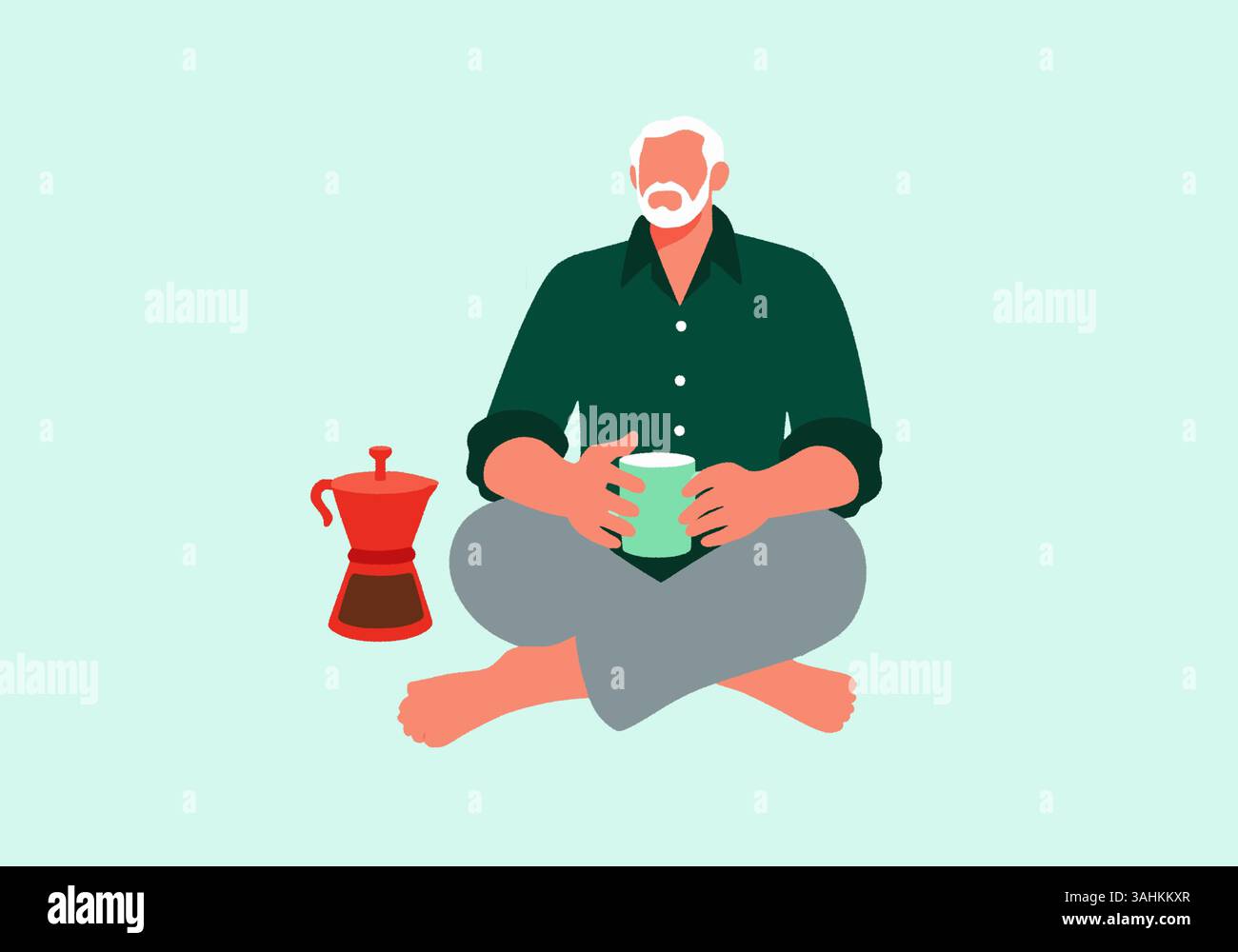 Illustration of an elderly man with a beard sits cross-legged, holding ...