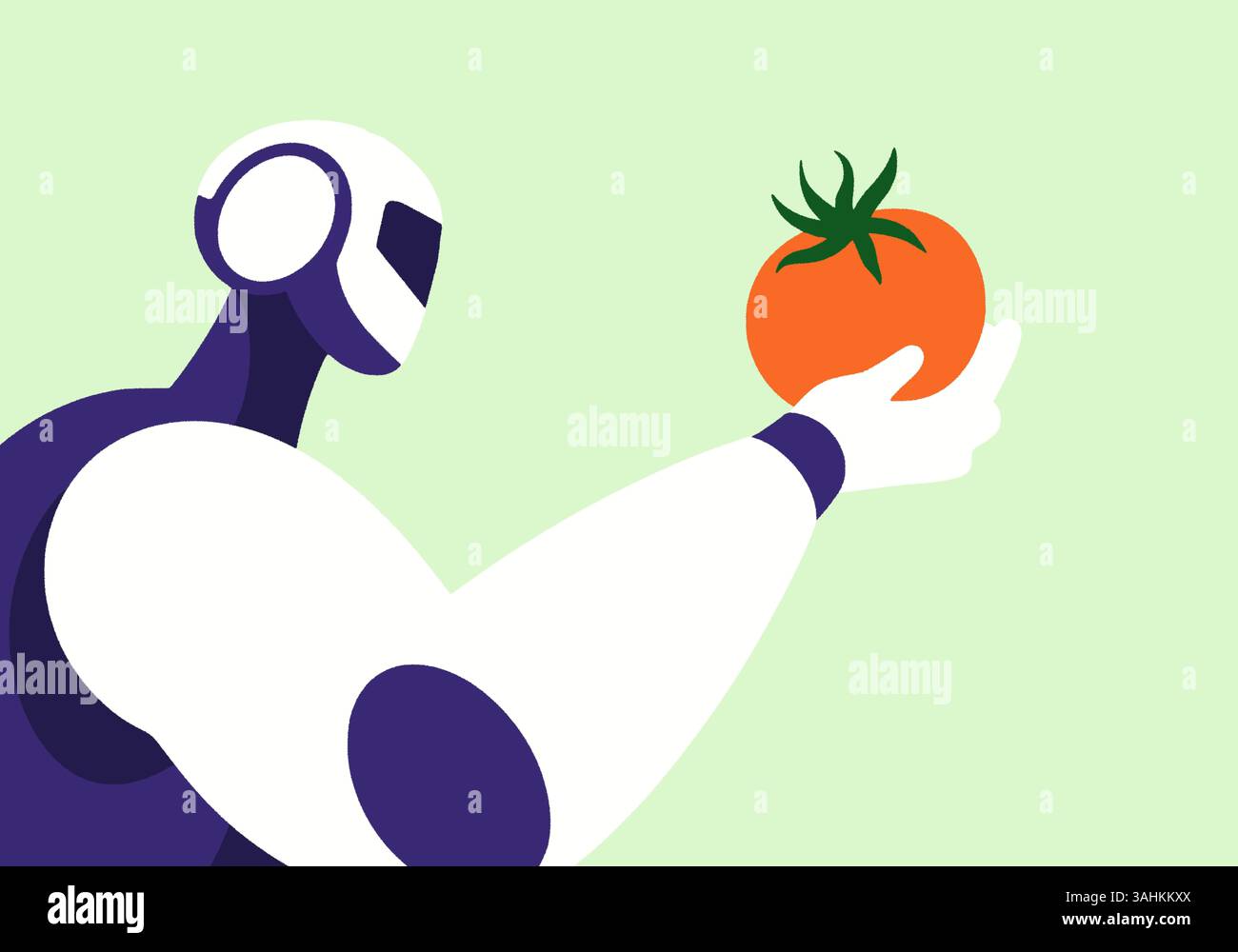 Illustration of a futuristic robot holding a tomato against a light ...
