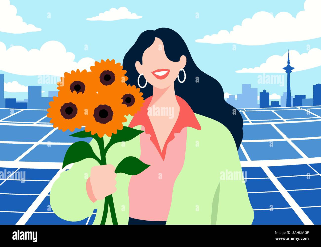 Illustration of a woman with sunflowers smiling in front of a solar ...