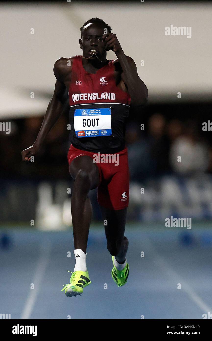 Perth, Australia. 10th Apr, 2025. Gout Gout wins the Men's 100m Under 20's final during the 2025 ...