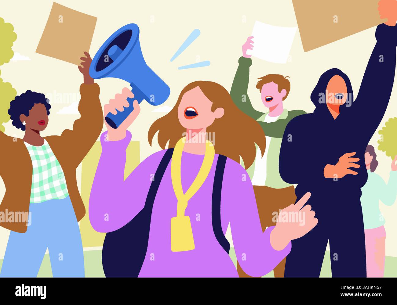 Illustration of diverse group of animated people protesting with signs ...