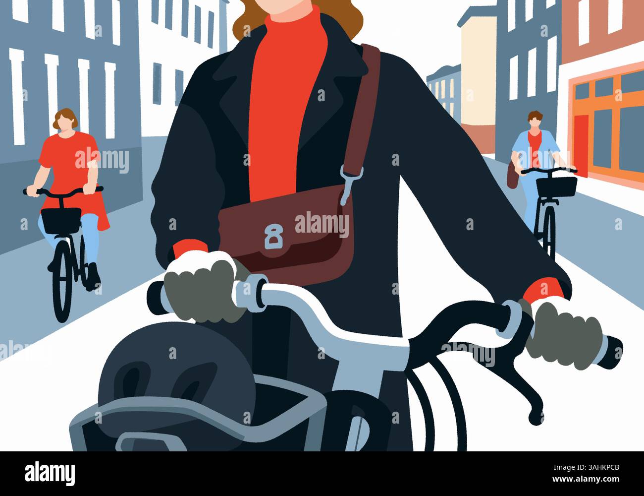 Illustration of three people ride bicycles down a city street with ...