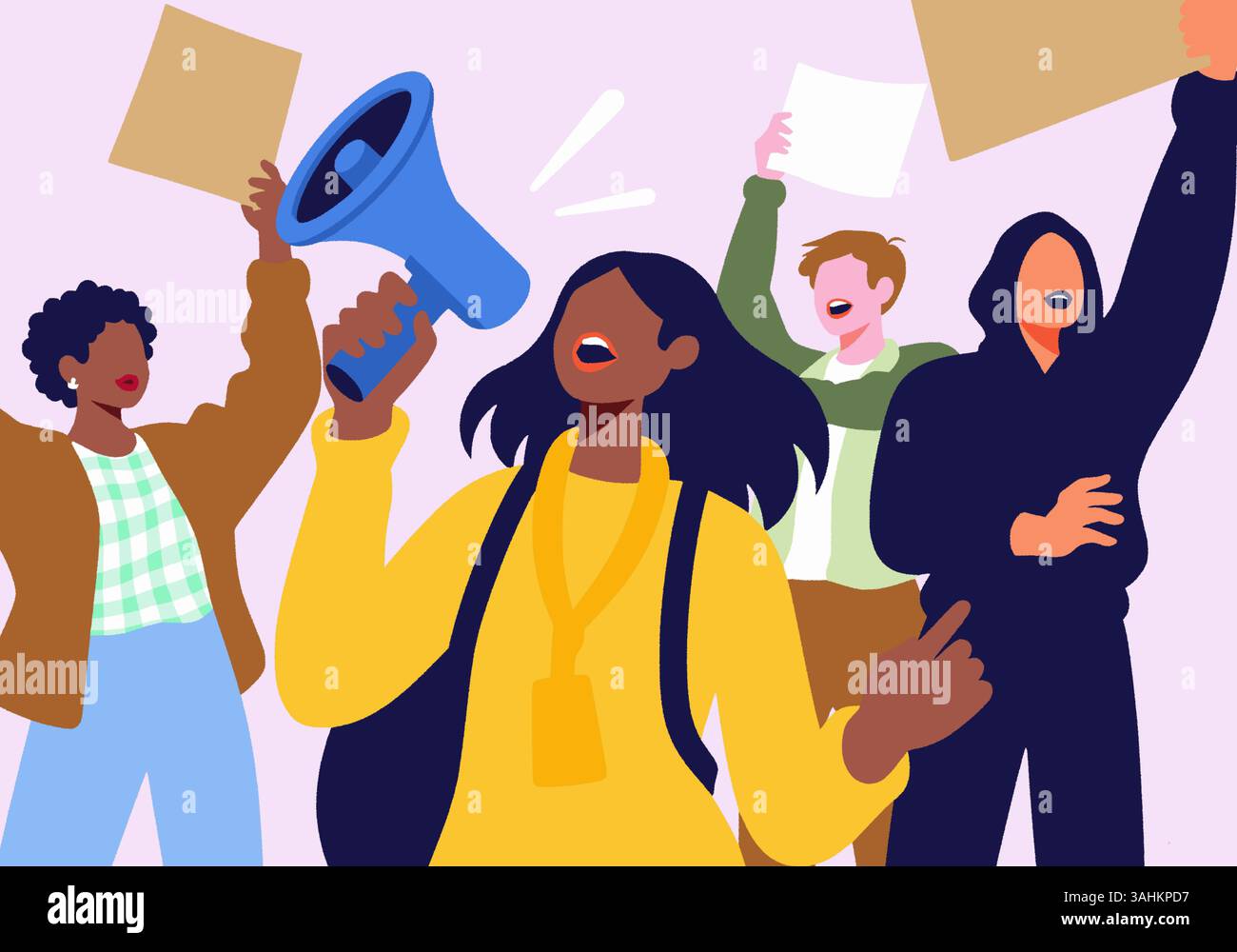 Illustration of diverse group of animated people protesting with signs ...