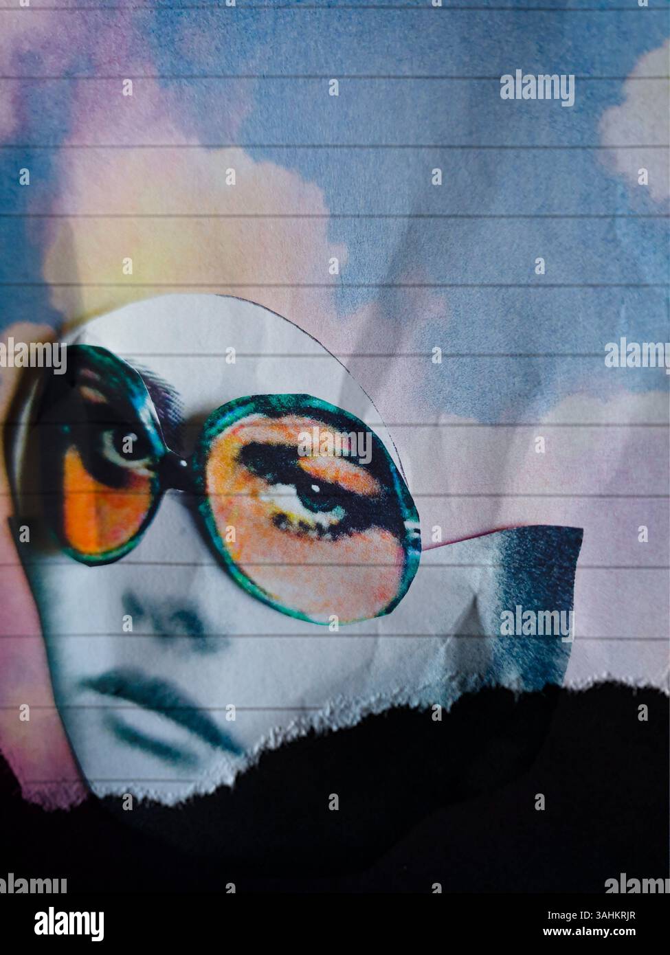Conceptual collage art of a female face with sunglasses and a grim look ...