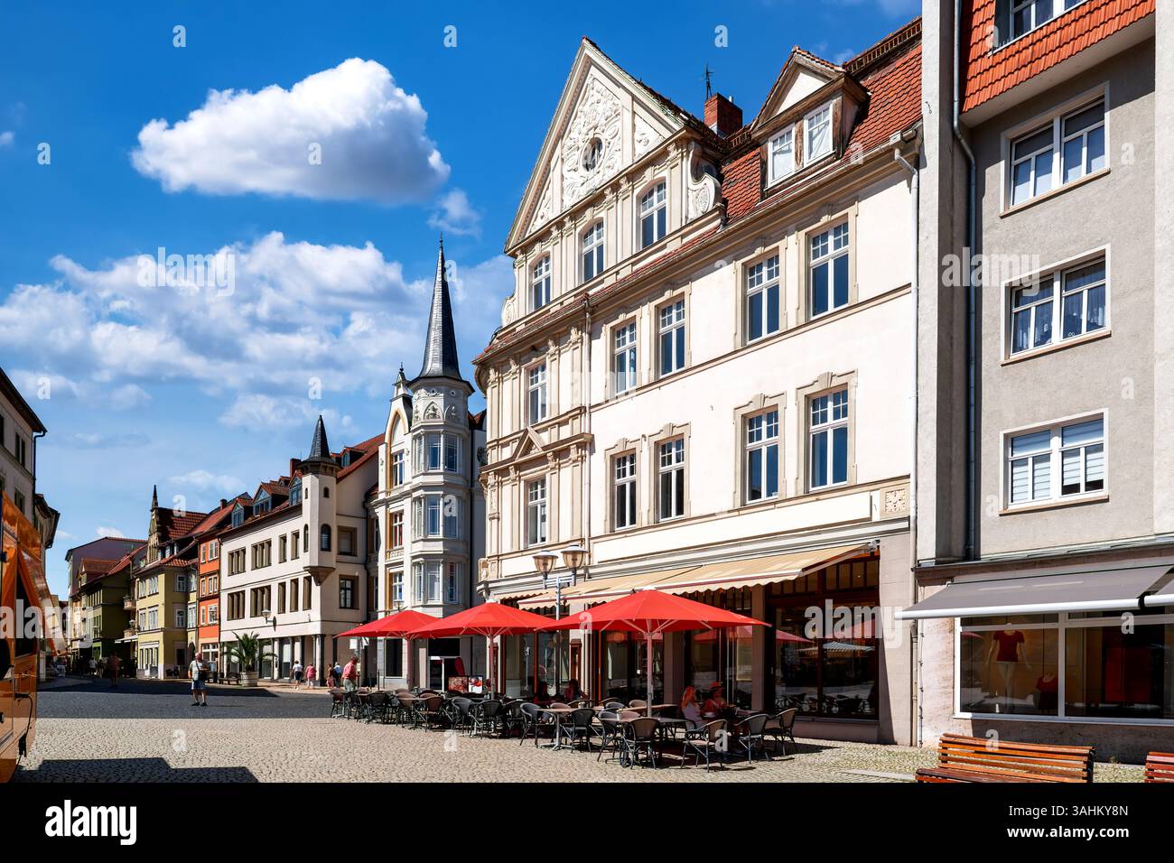 Historic market square with cafés and ornate facades in the old town of Gotha, Thuringia Stock ...