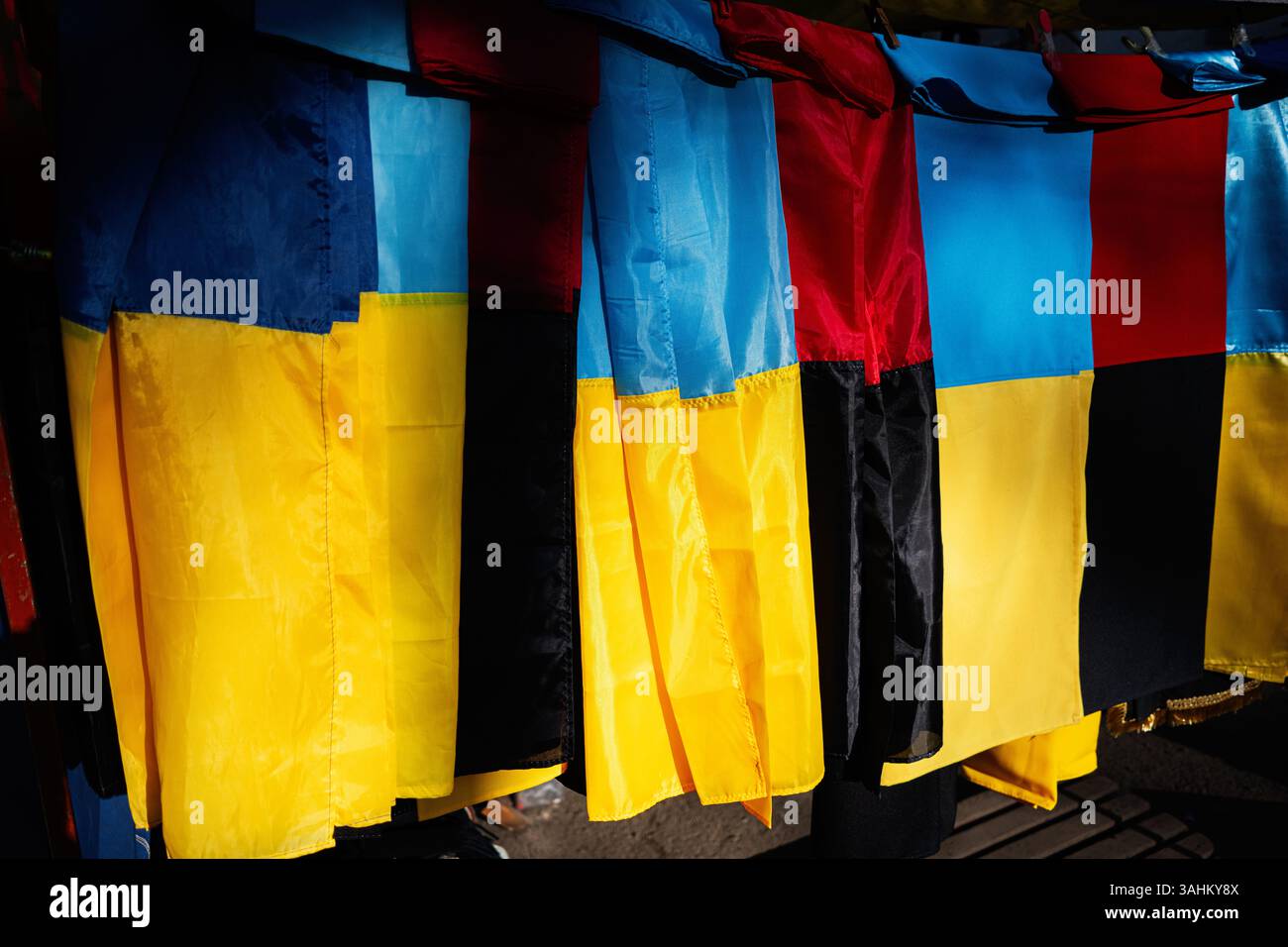 Vividly colorful Ukrainian flags with unique patterns showcased at an ...