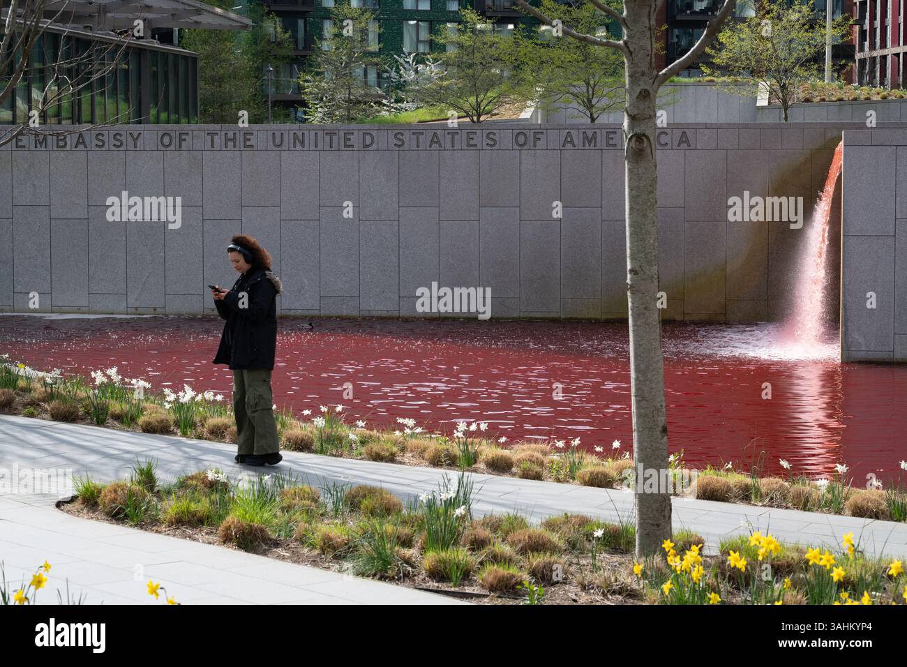 London, UK. 10 April, 2025. Activists from Greenpeace dye the pond ...