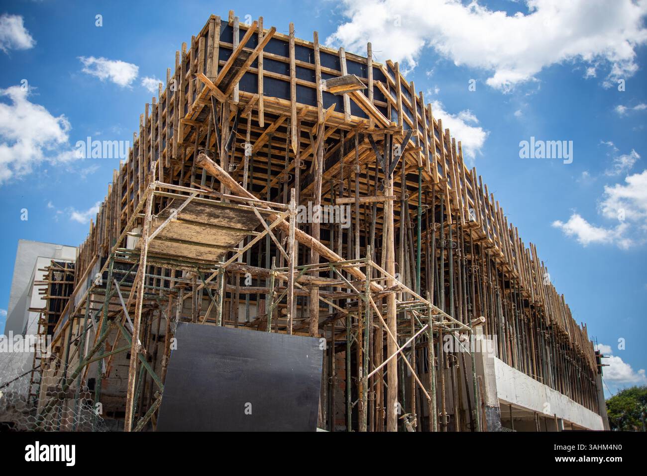 wood and steel formwork in reinforced concrete construction on a sunny ...