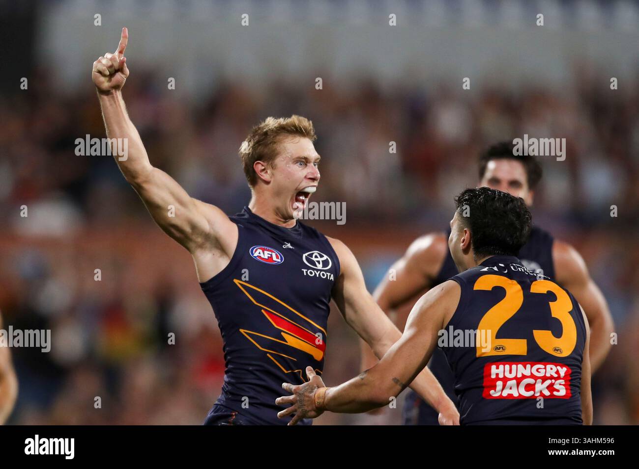 Adelaide, Australia. 10th Apr, 2025. Sid Draper of the Crows celebrates ...