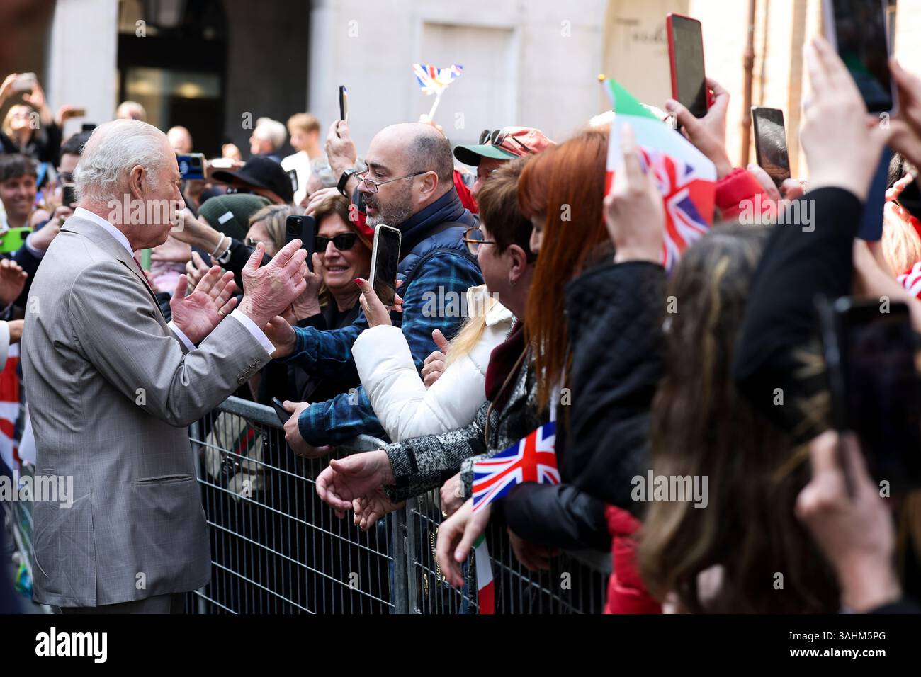 King Charles III meeting well wishers as he arrives at the Piazza San ...