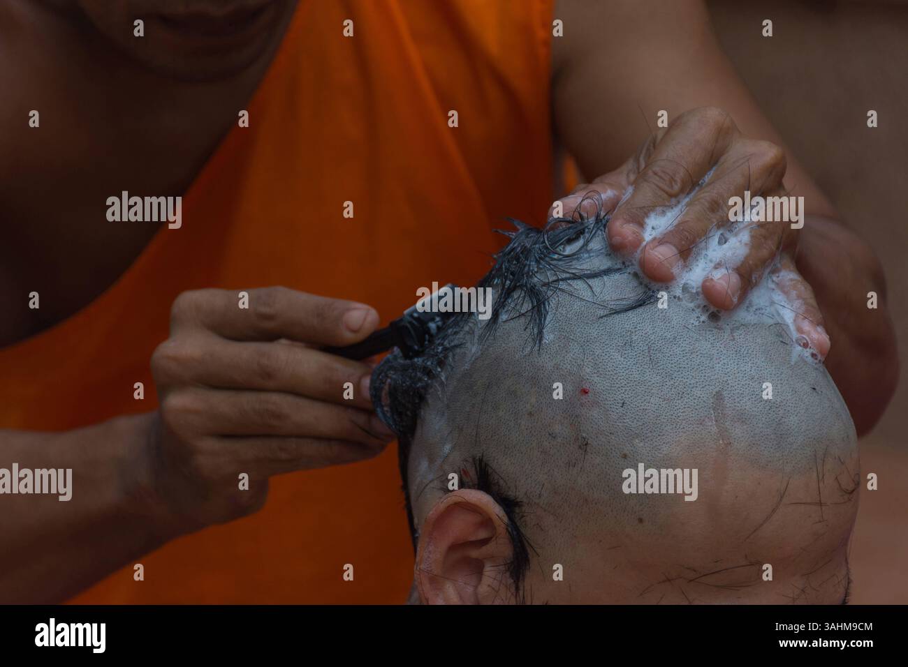 Thai monk hair shave a man for ordination ceremony in buddhist in ...