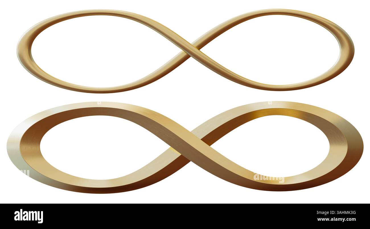 Two distinct 3D infinity symbols rendered in a golden hue, isolated ...