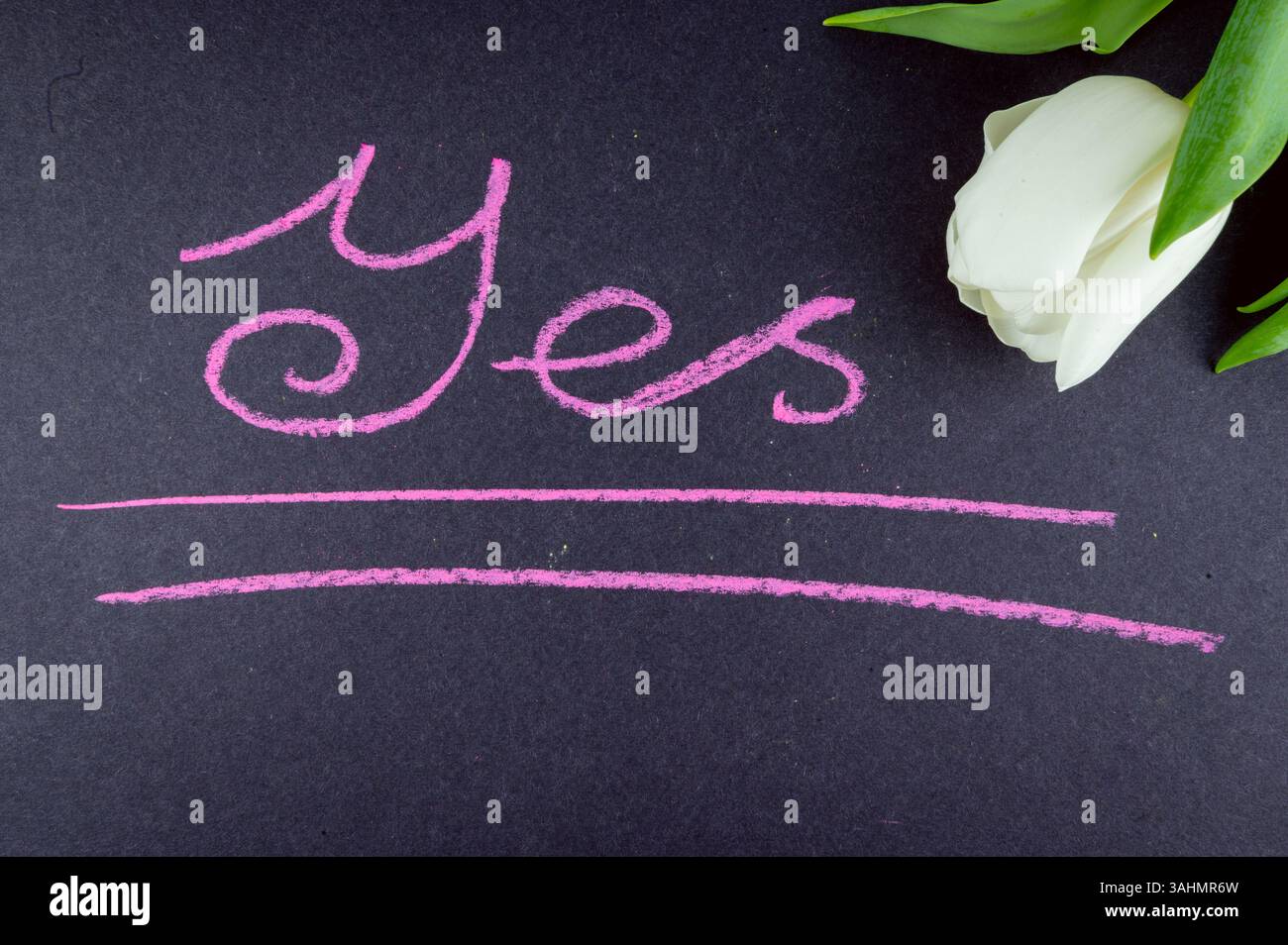 The word yes is beautifully written in vibrant pink chalk against a ...