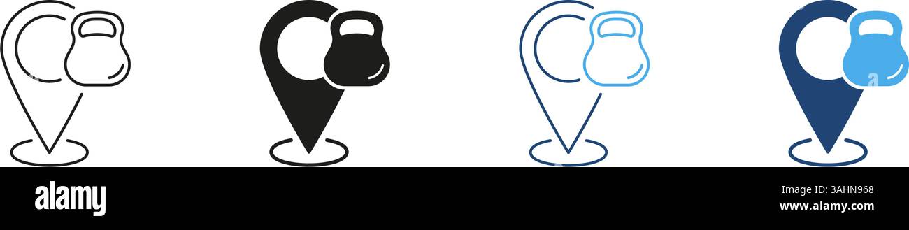 Map Pin with Kettlebell Line and Silhouette Icon Set. Fitness Center ...
