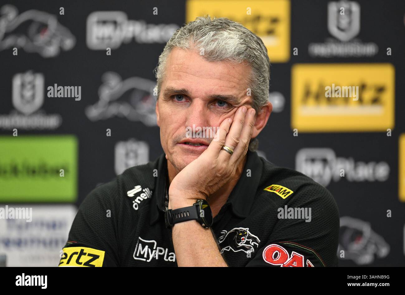 Brisbane, Australia. 10th Apr, 2025. Panthers coach Ivan Cleary reacts ...