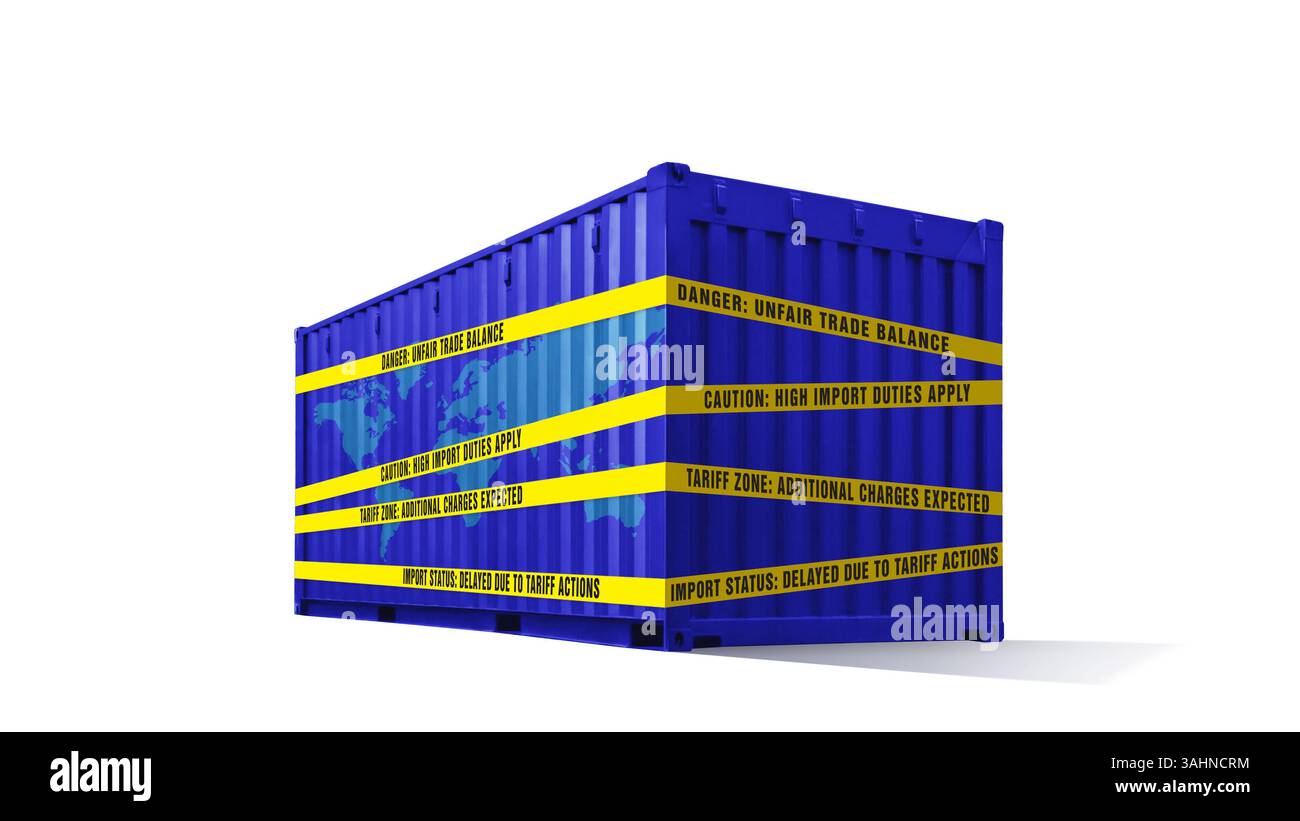 Blue freight container with global map overlay, wrapped in yellow ...