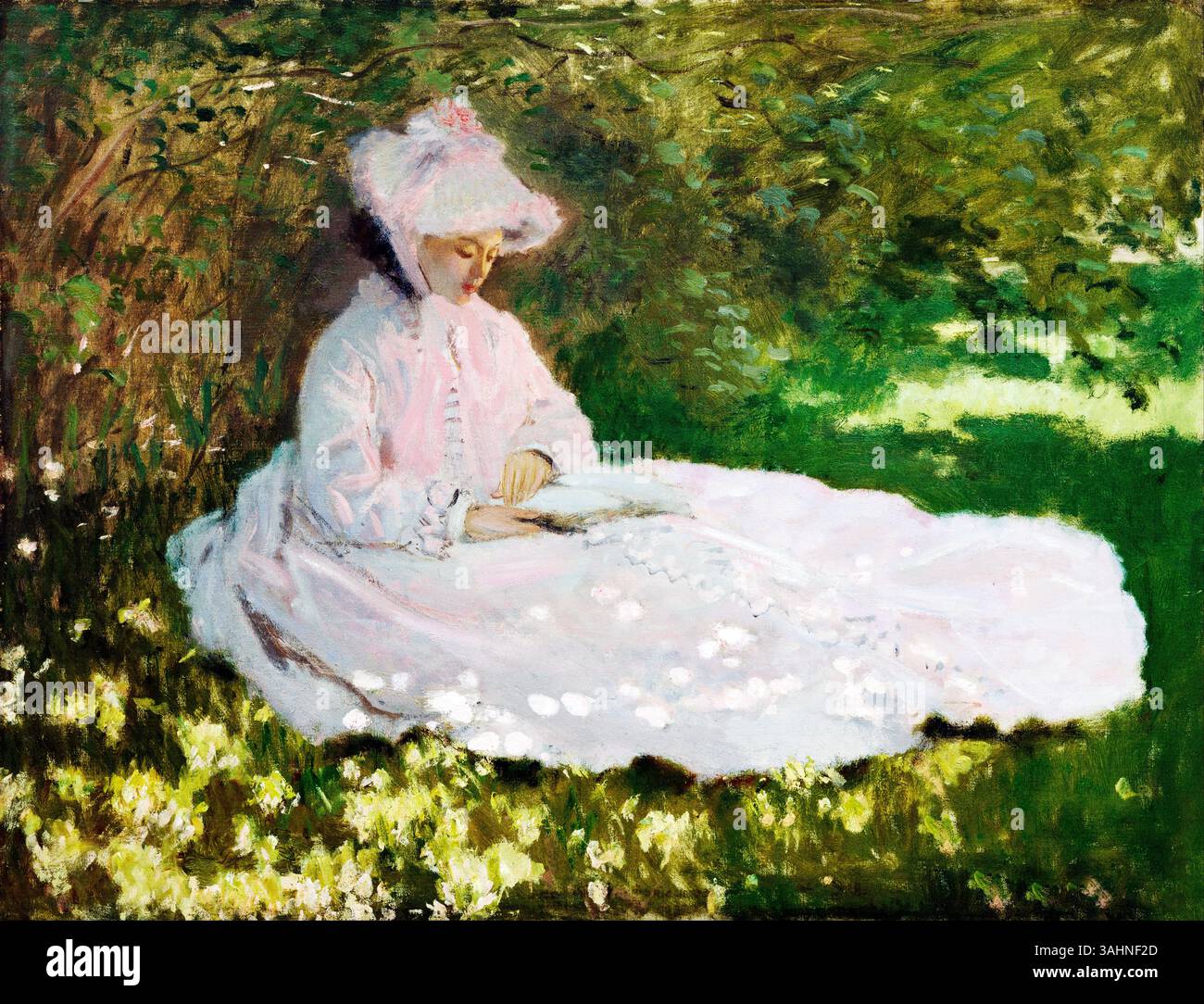 A serene figure in a flowing white dress, surrounded by greenery ...