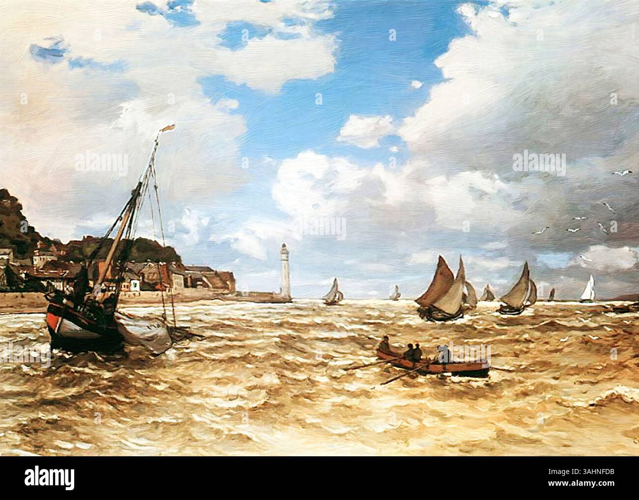 A vibrant depiction of a busy shoreline with fishing boats sailing at ...