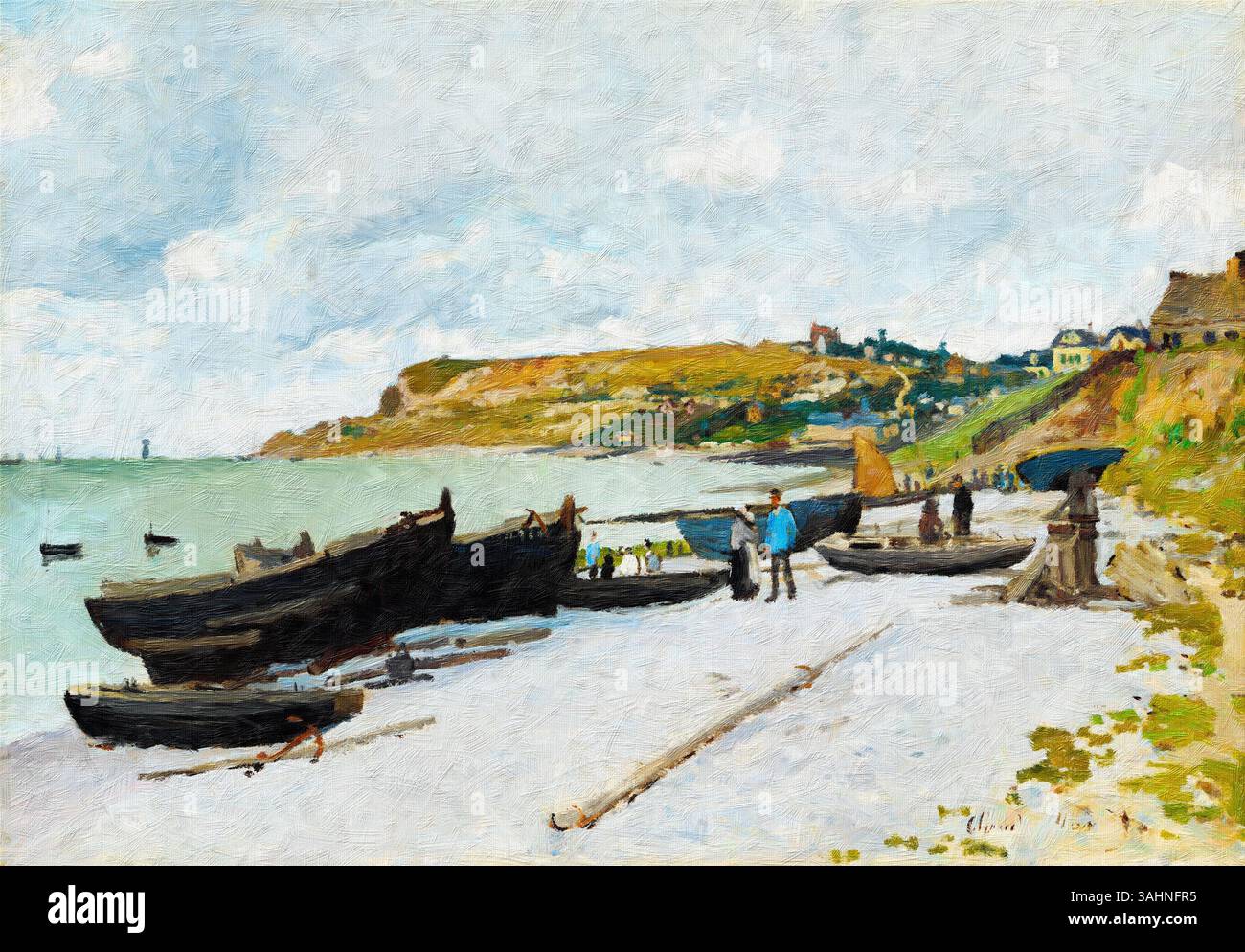 A picturesque seaside scene with colorful boats on the shore and lush ...