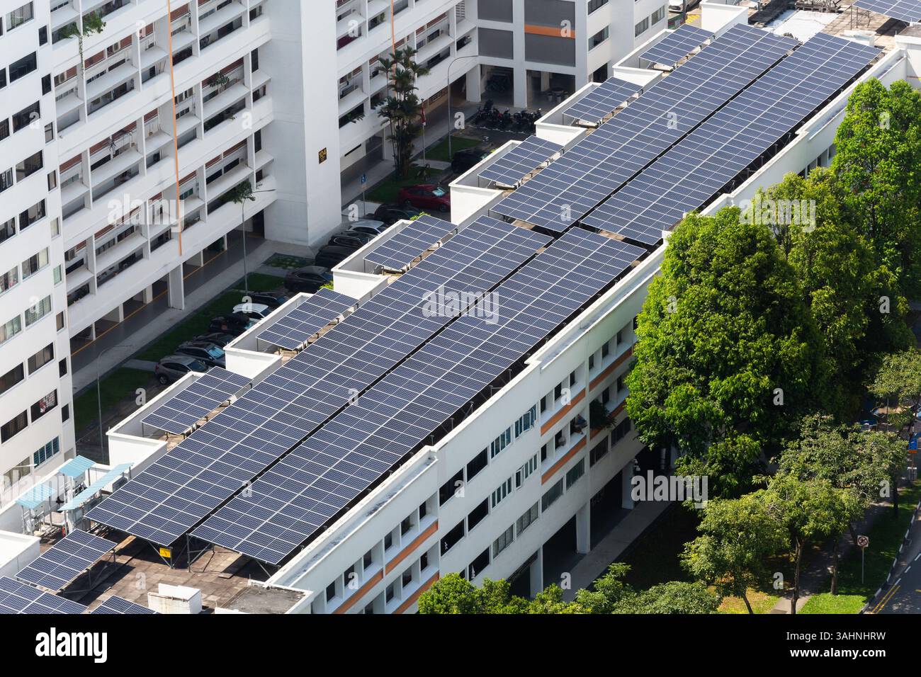 Aerial view, deployment of solar panels systems on HDB buildings ...