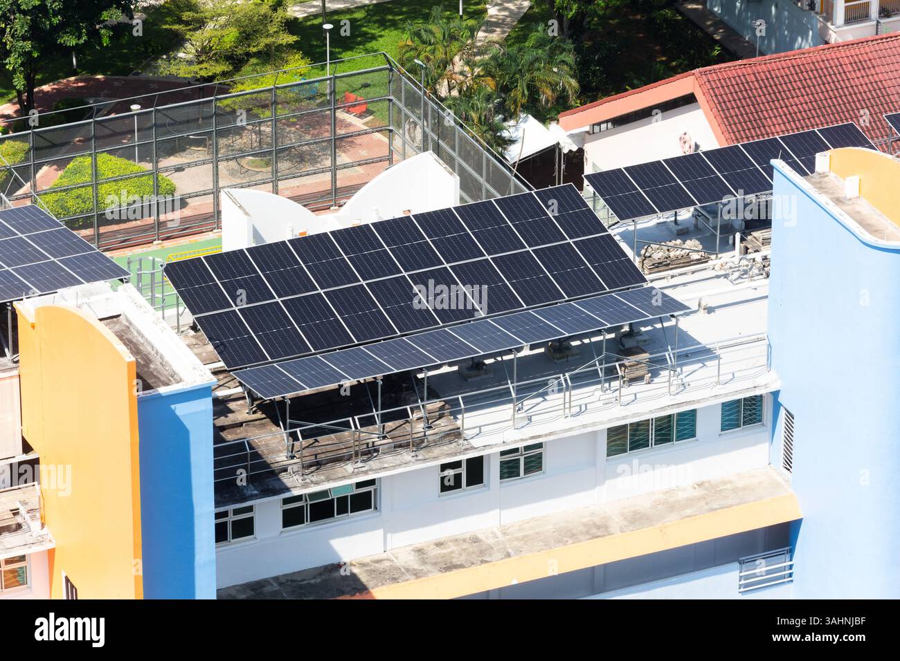 Aerial view of solar panels installations on roof, energy adoption ...