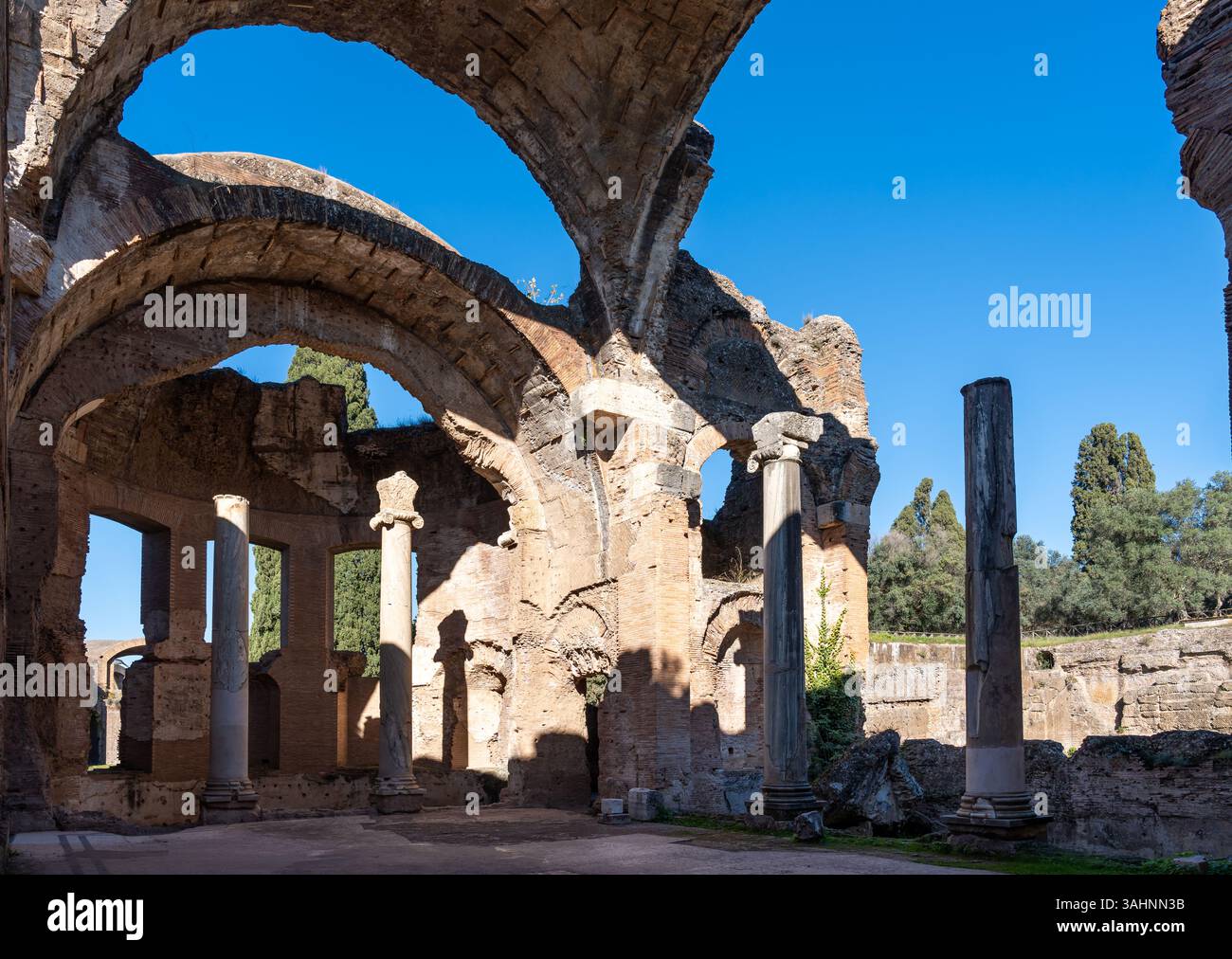 Blue sky viewed through roof in ruins of ancient roman palace in ...