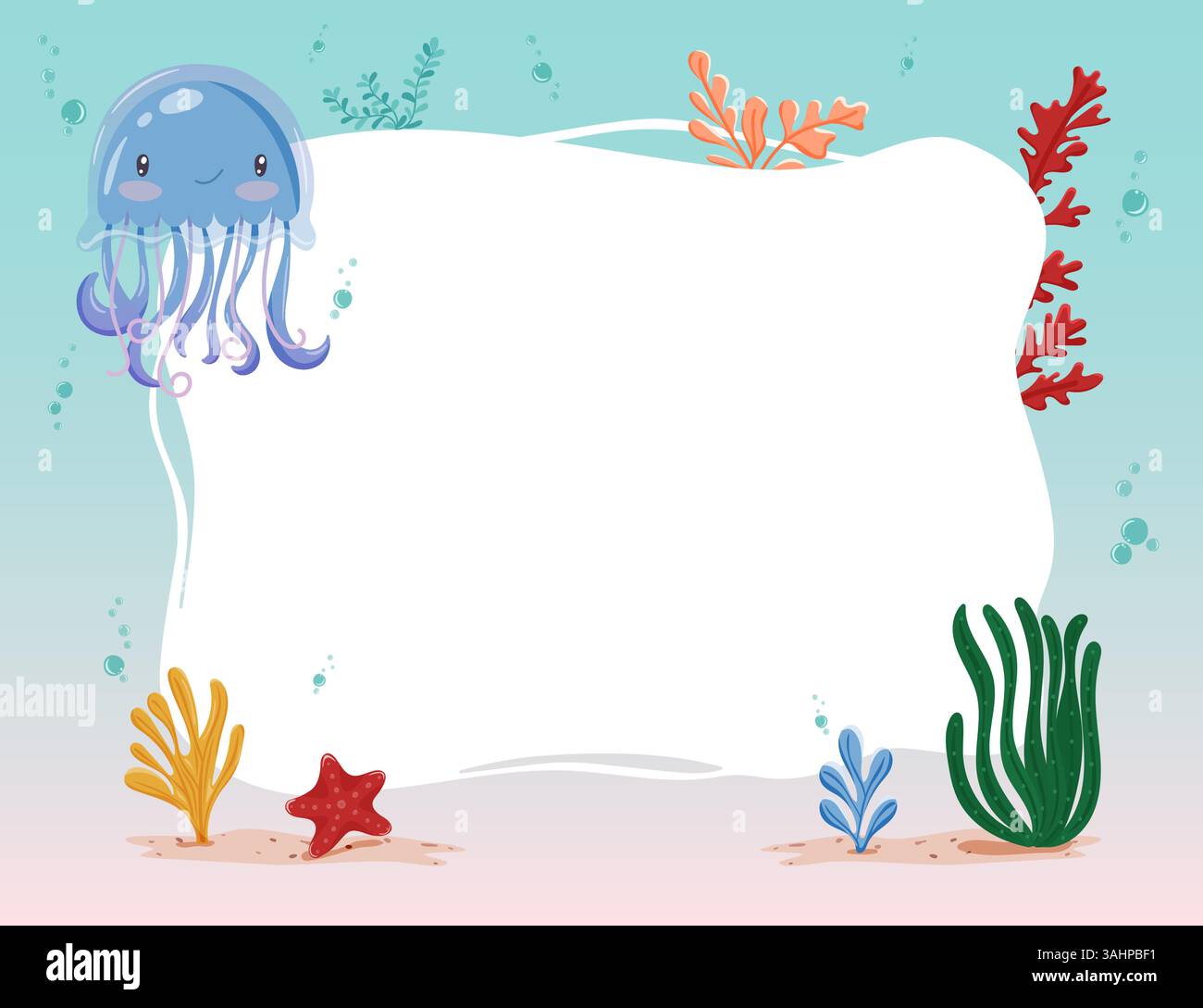 Vector frame with jellyfish and underwater plants, isolated on white ...