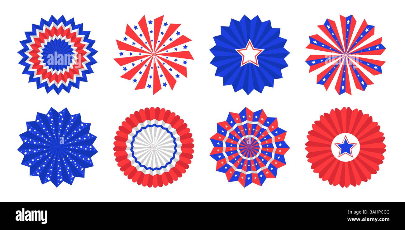 Set of independence day ribbon decorations. Patriotic blue and red ...