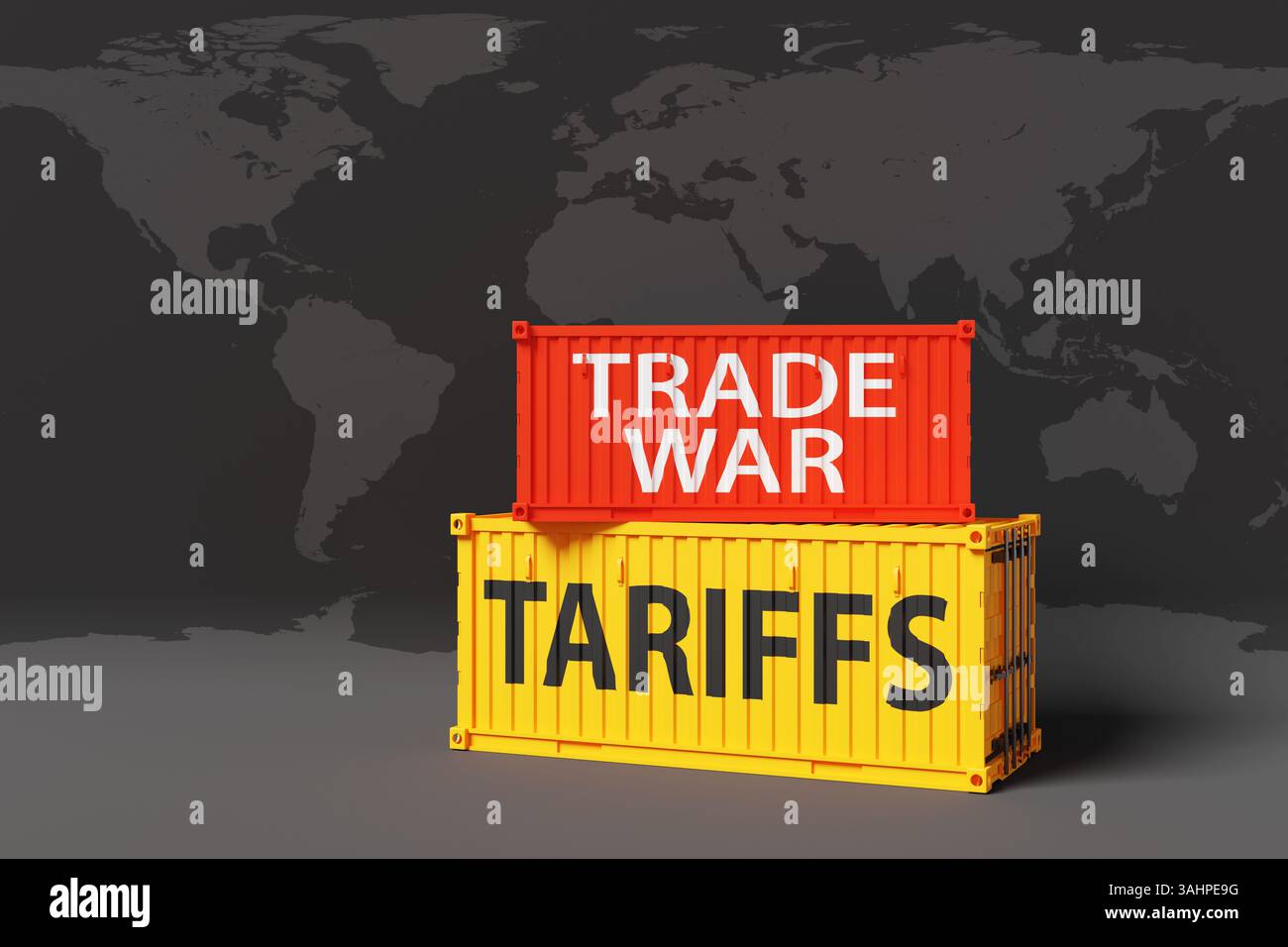 Red cargo container with the label TRADE WAR stacks on a yellow ...