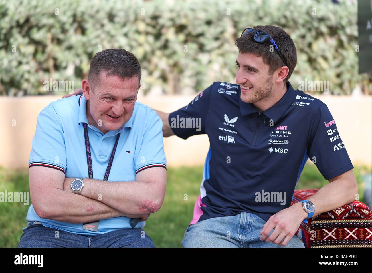 SAKHIR, BAHRAIN - APRIL 10: Jack Doohan of Australia and BWT Alpine F1 Team makes fun with ...