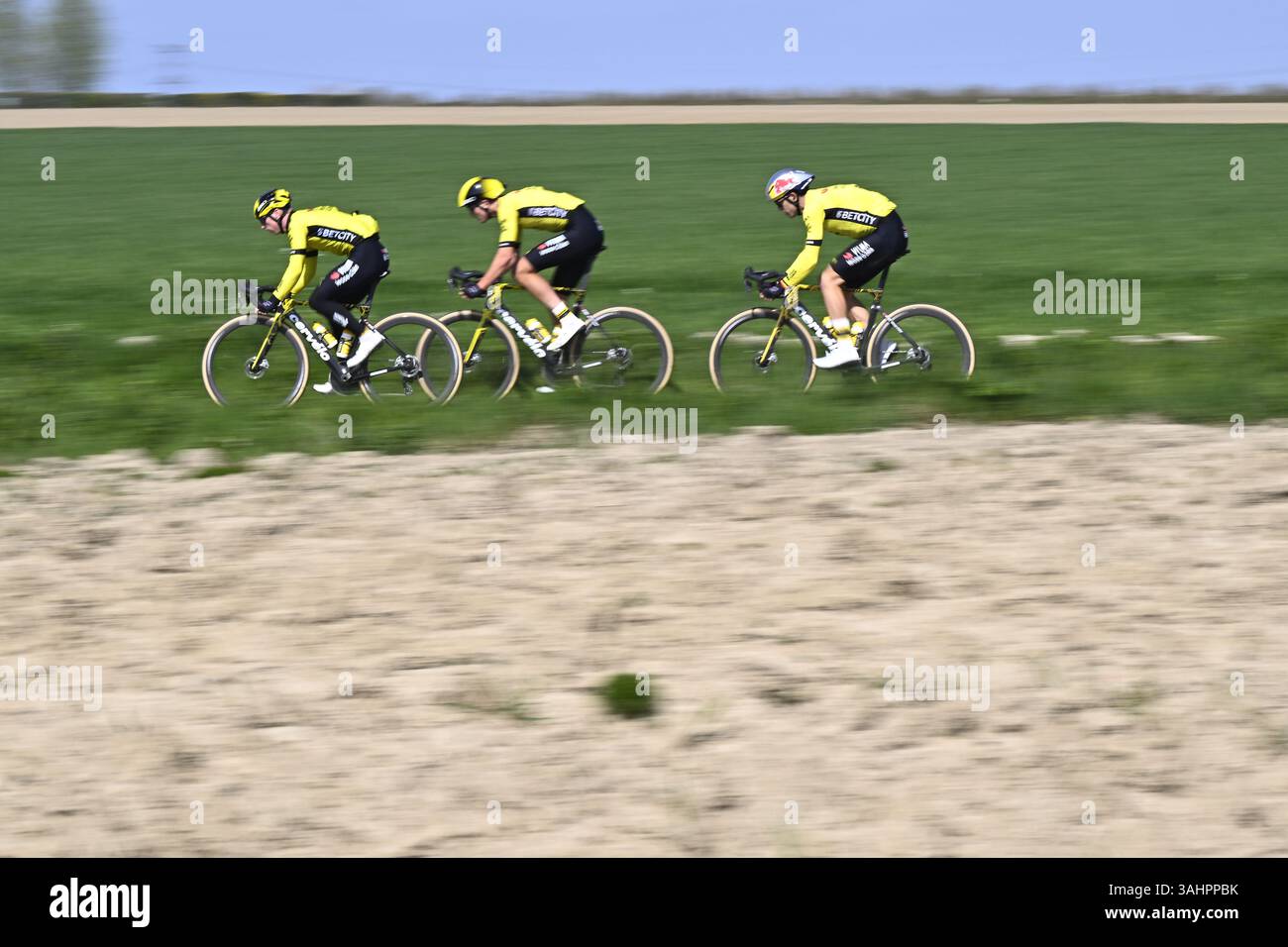 Roubaix, France. 10th Apr, 2025. Riders of Team Visma-Lease a Bike ...