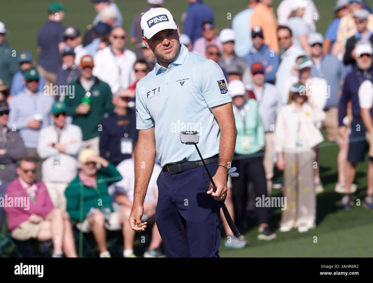Augusta, United States. 10th Apr, 2025. Corey Connors watches his putt ...