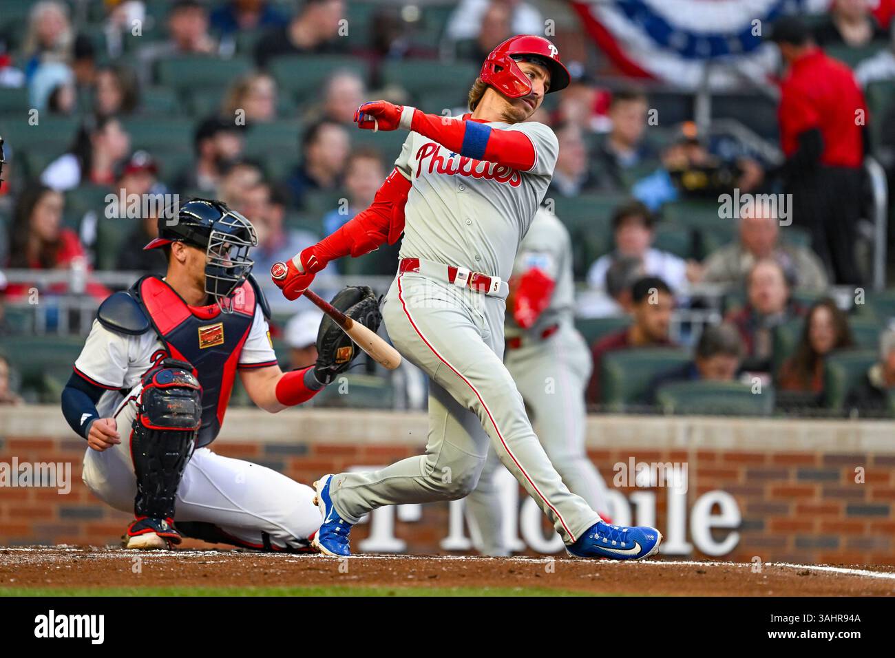 ATLANTA, GA – APRIL 08: Philadelphia second baseman Bryson Stott (5) swings at a pitch during ...