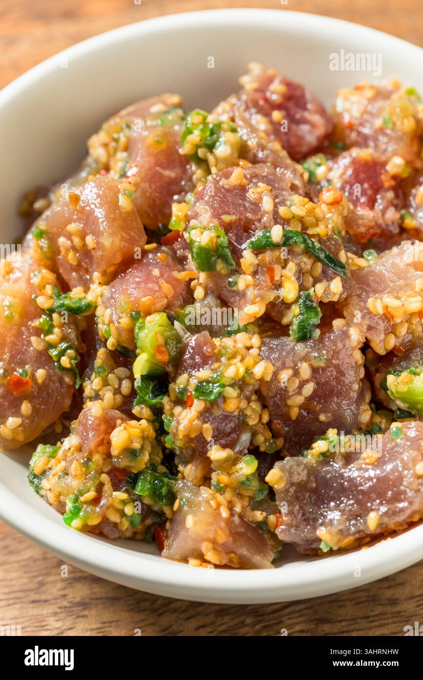 Organic Marinated Hawaiian Poke Tuna with Soy and Sesame Seeds Stock ...