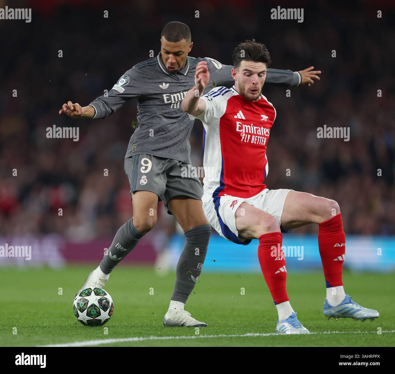 Kylian Mbappe of Real Madrid and Declan Rice of Arsenal - Arsenal v ...