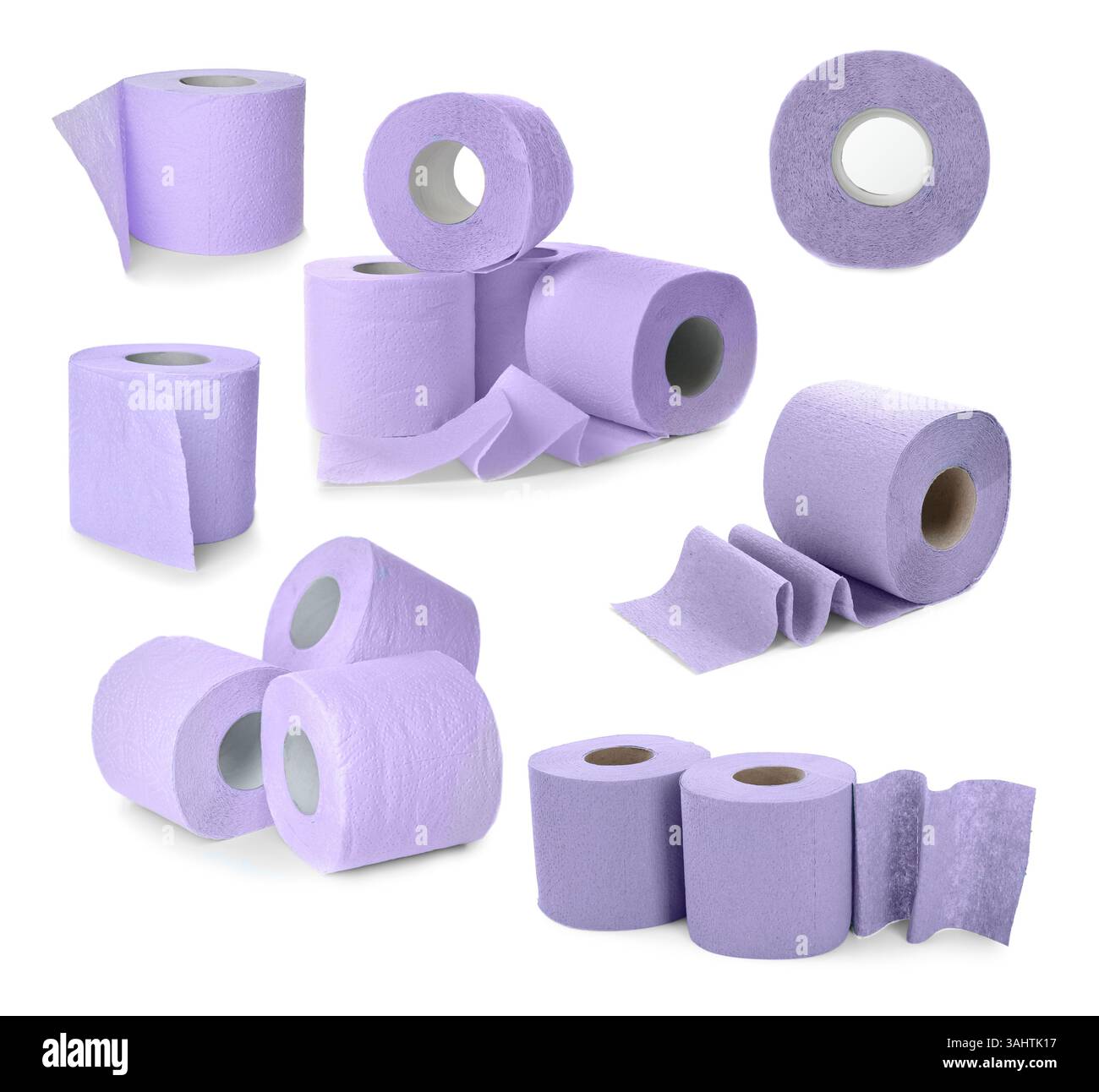 Violet toilet paper rolls isolated on white, set Stock Photo - Alamy
