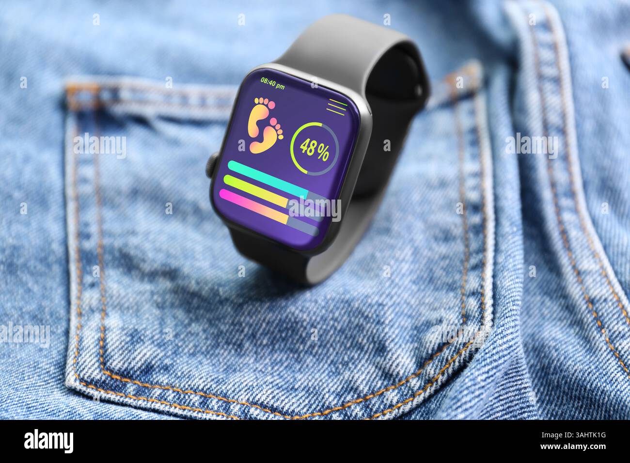 Smart watch with step counting app on jeans, closeup Stock Photo - Alamy