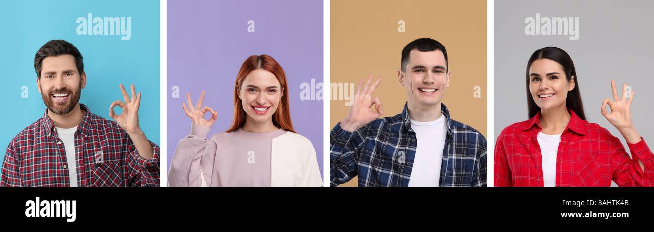 People showing Ok gesture on different colors backgrounds, collage ...