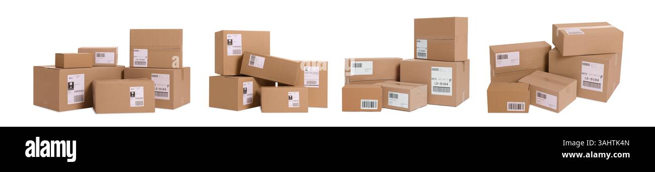 Many different parcels with shipping labels isolated on white, collage ...