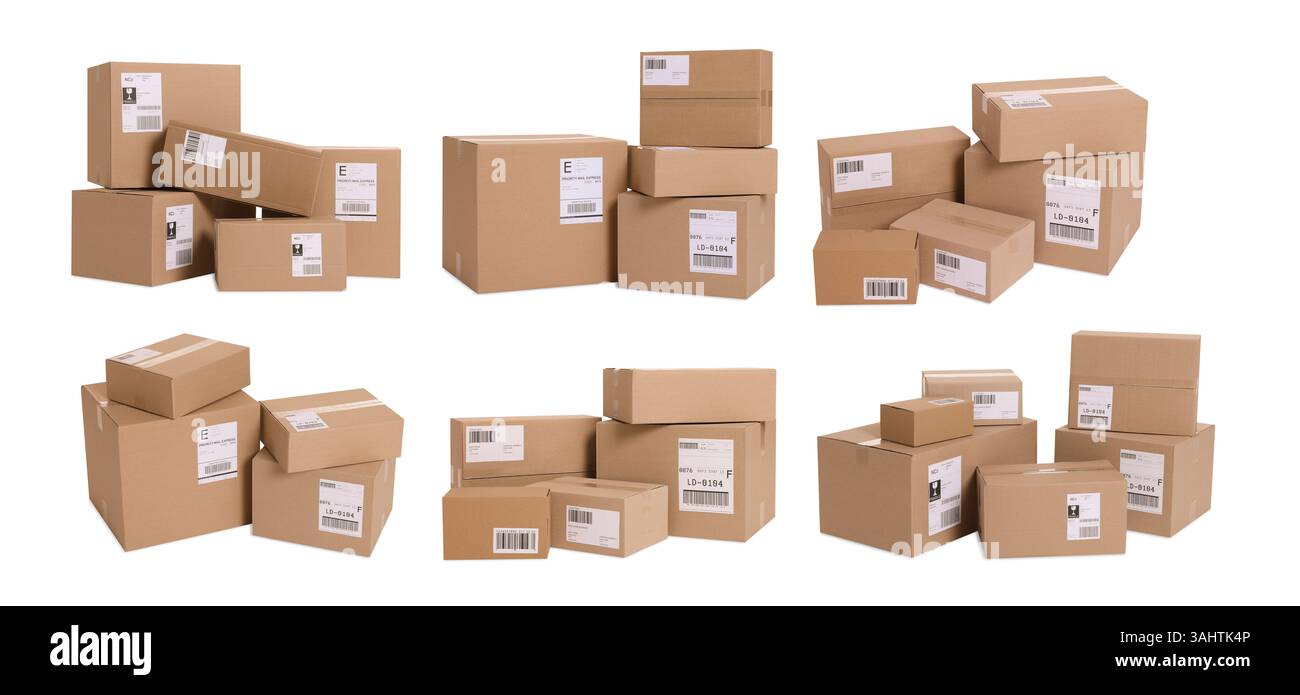 Many different parcels with shipping labels isolated on white, collage ...