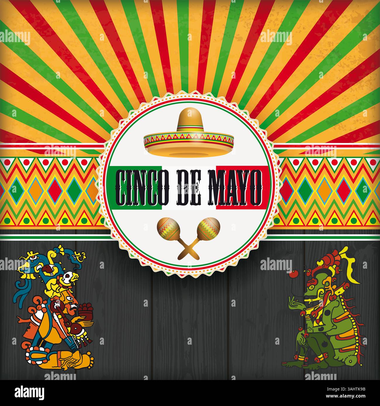 Dark Wood Retro Sun Cinco De Mayo Emblem Maya Gods 2 Vintage background ...