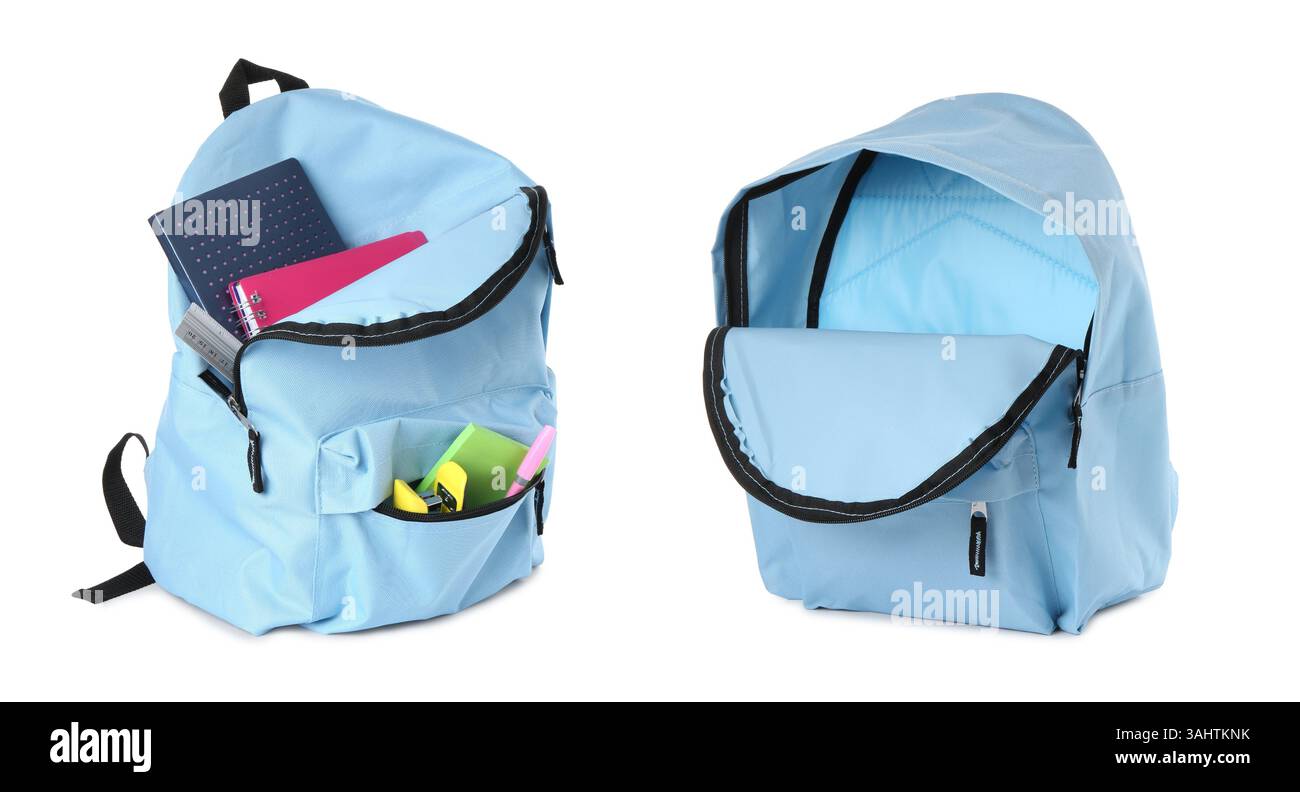 Light blue backpack isolated on white, collage. Empty and filled with ...